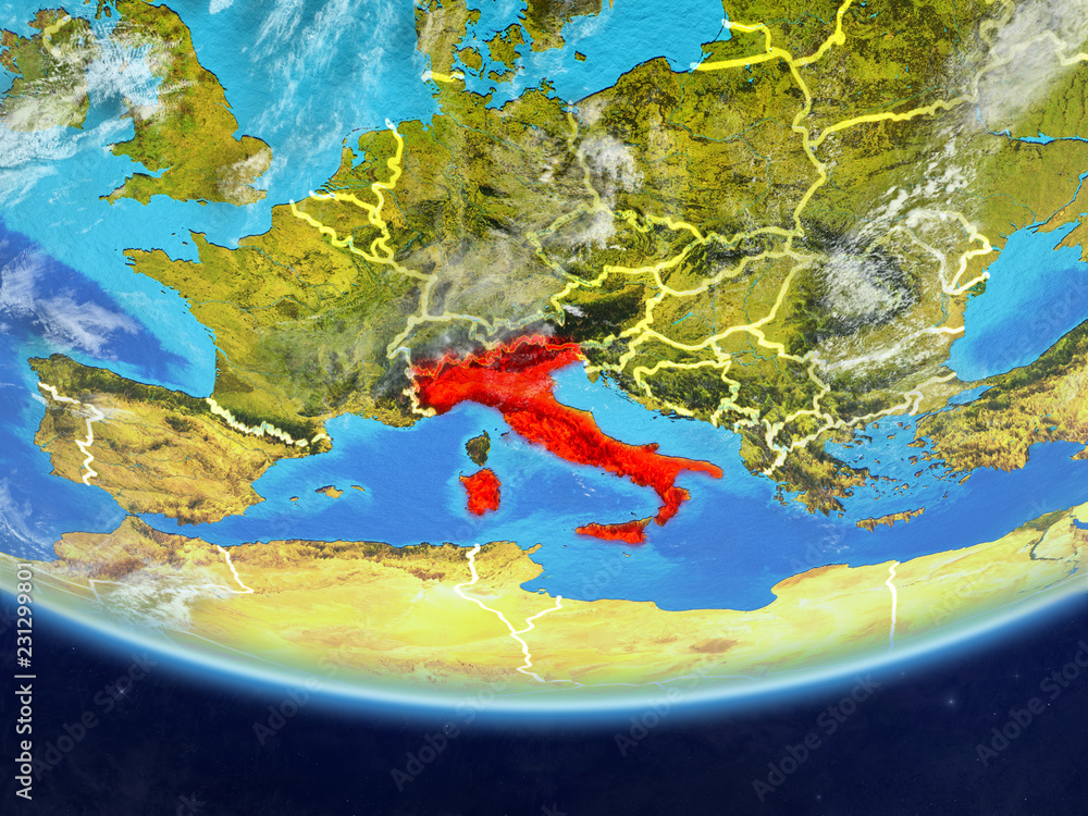 Italy on realistic model of planet Earth with country borders and very ...