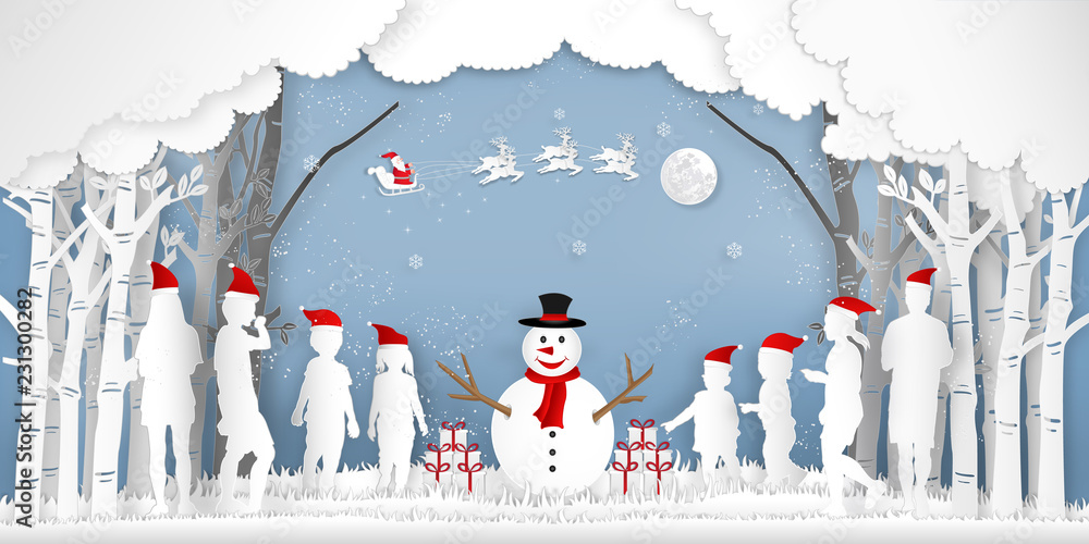 Vetor de Paper art, cut and digital craft style of anta Claus on Sleigh ...