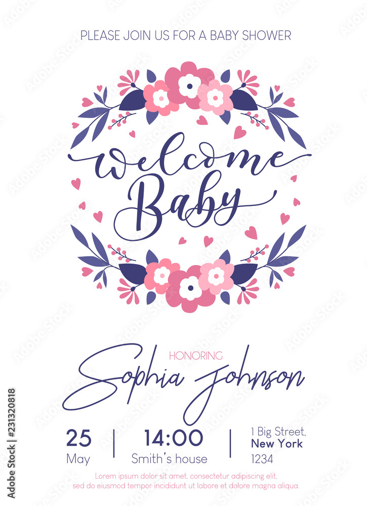 Welcome Baby cute card invitation with lettering and baby footprints ...