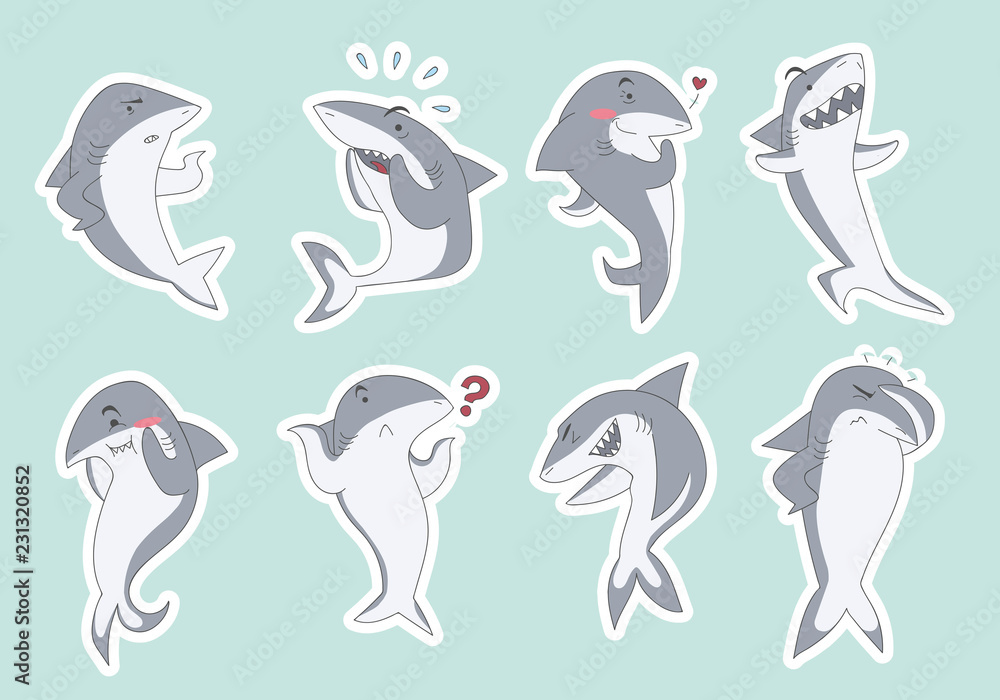 Cute sharks set. Marine animals with different emotions. Vector ...