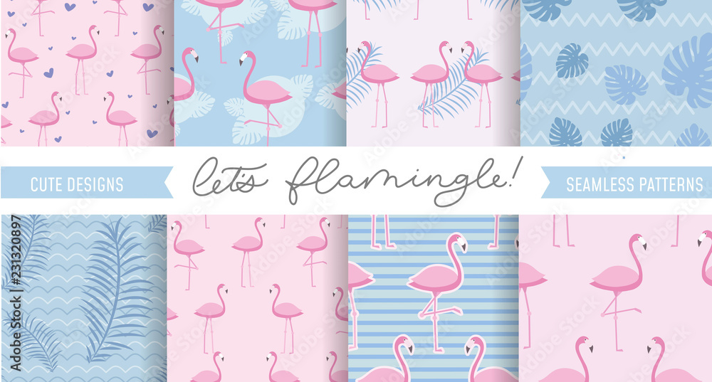 Set of cute flamingo and tropical patterns. Seamless pattern designs ...
