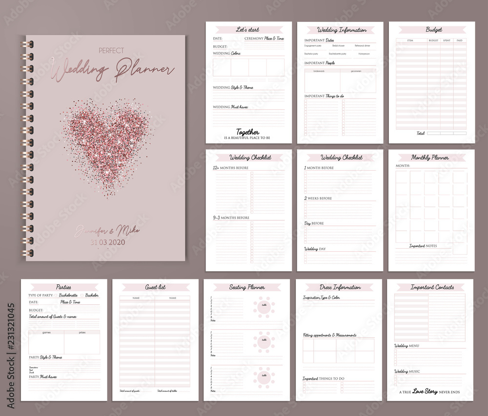 Wedding planner printable design with checklists, important date, notes ...