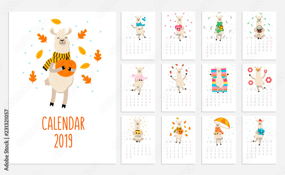 Llama calendar for 2019 with cute alpacas. Vector planner illustration ...