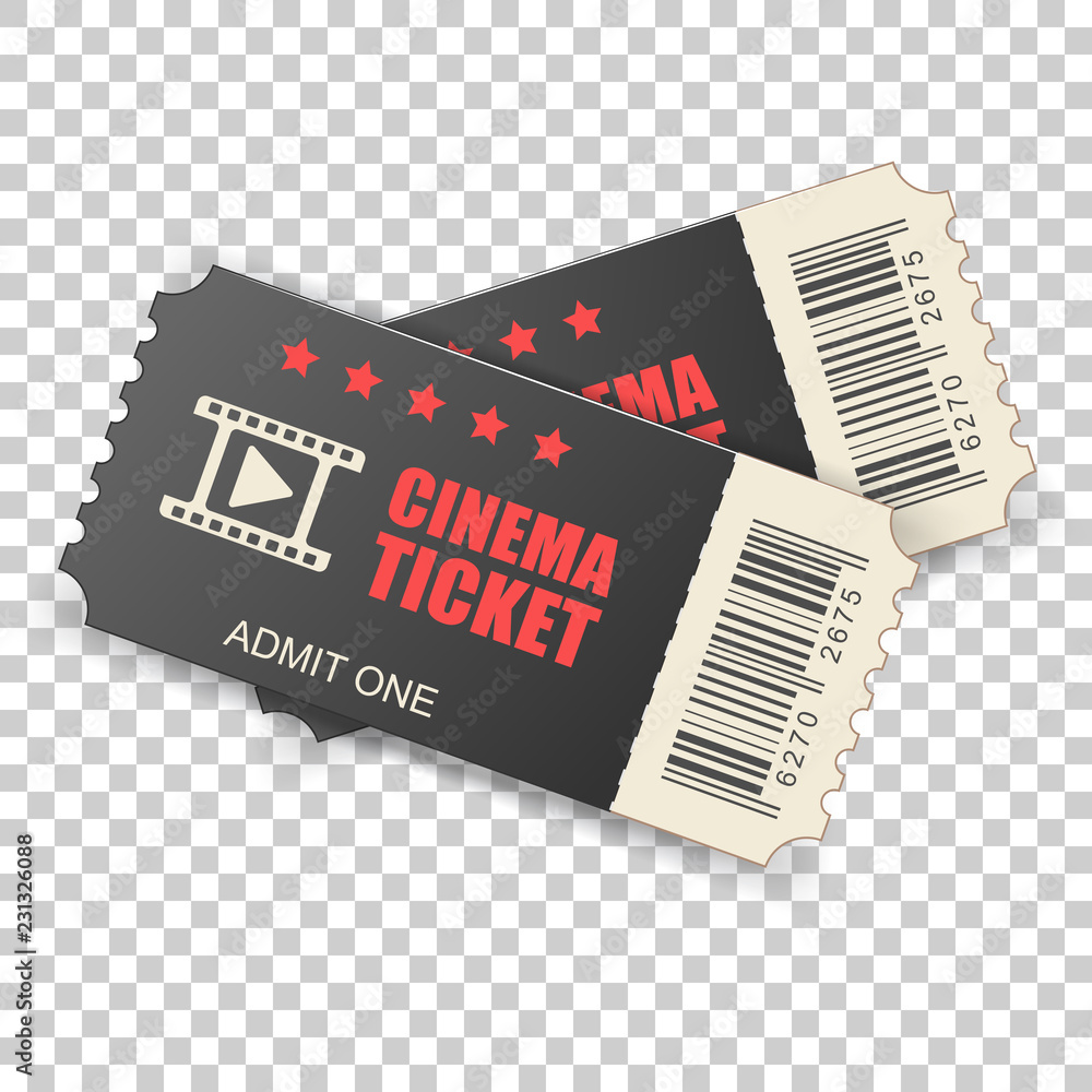 Realistic cinema ticket icon in flat style. Admit one coupon entrance ...