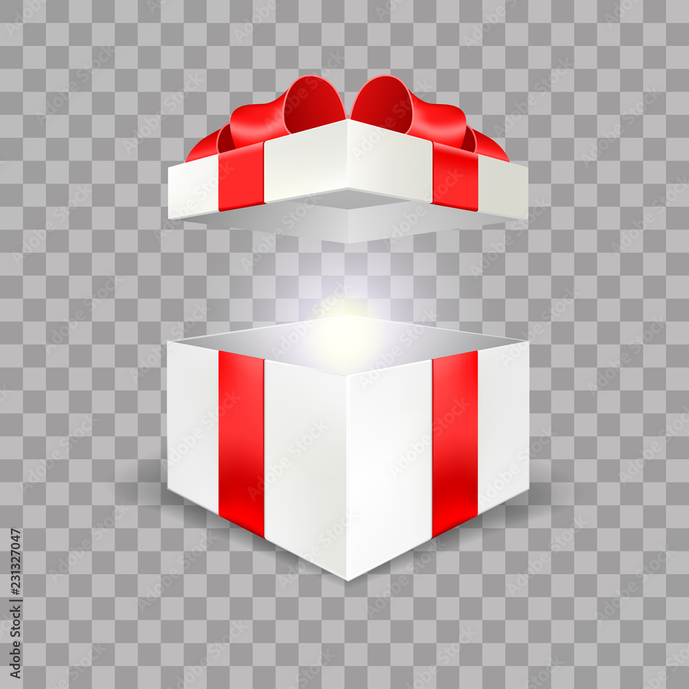 Opened white gift box empty angle front view 3D with red bow and lights ...