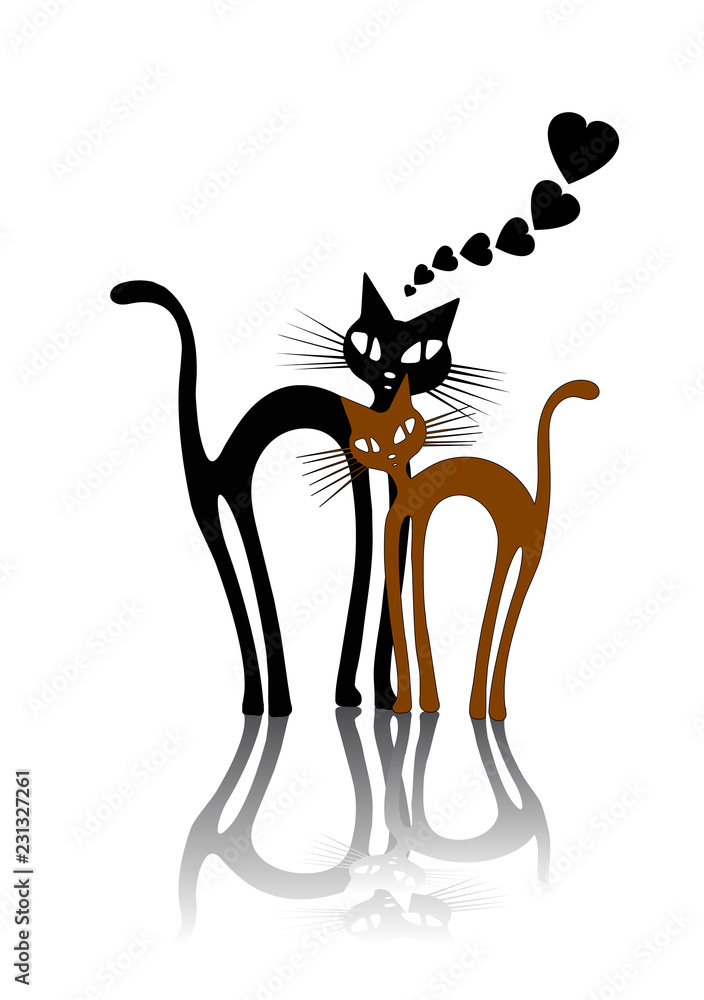 Love of two cats. Two cats silhouettes on white background(Vector ...