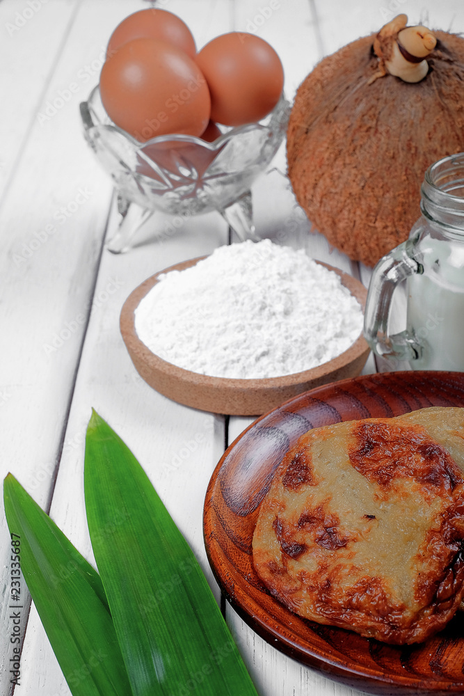 Akok Kedut, egg, coconut, flour , coconut milk and Pandan leaf on ...