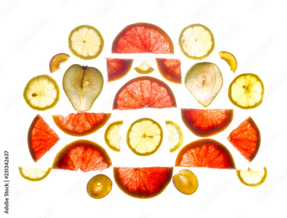 Composition of longitudinal and transverse cuts of fruits of various ...