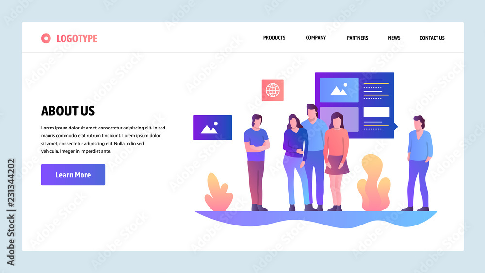 Vector web site design template. About Us company and team information ...