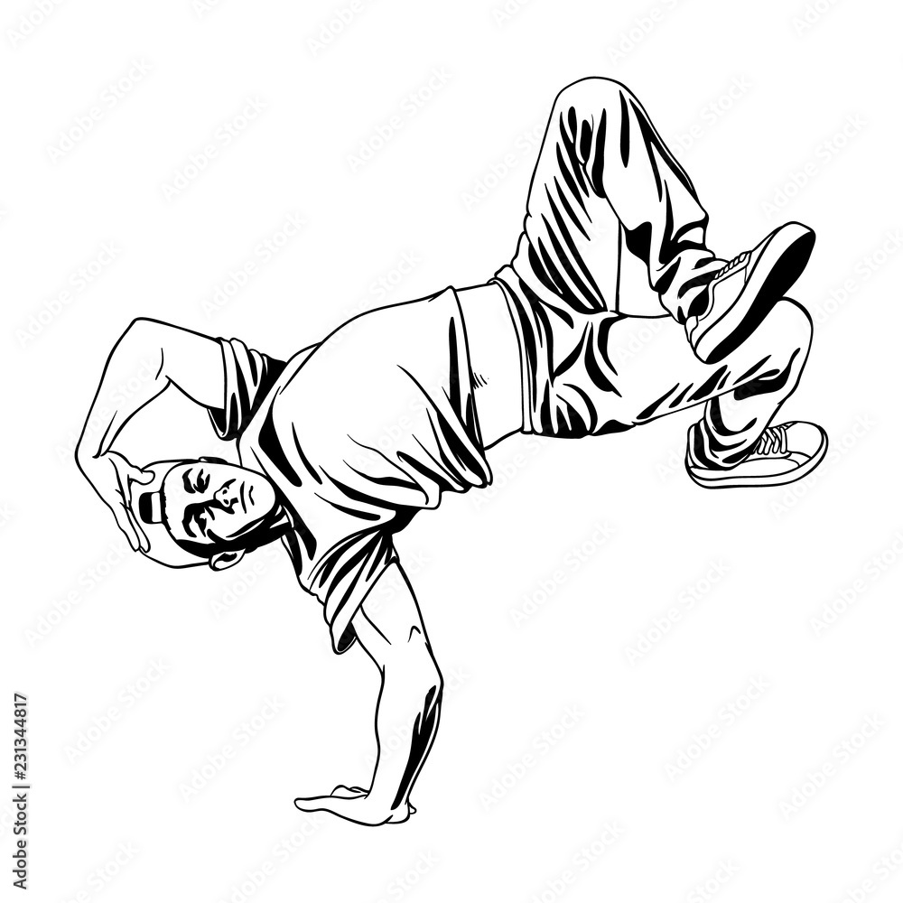 B-boy dancer character in dynamic pose. Hand drawn lineart vector ...