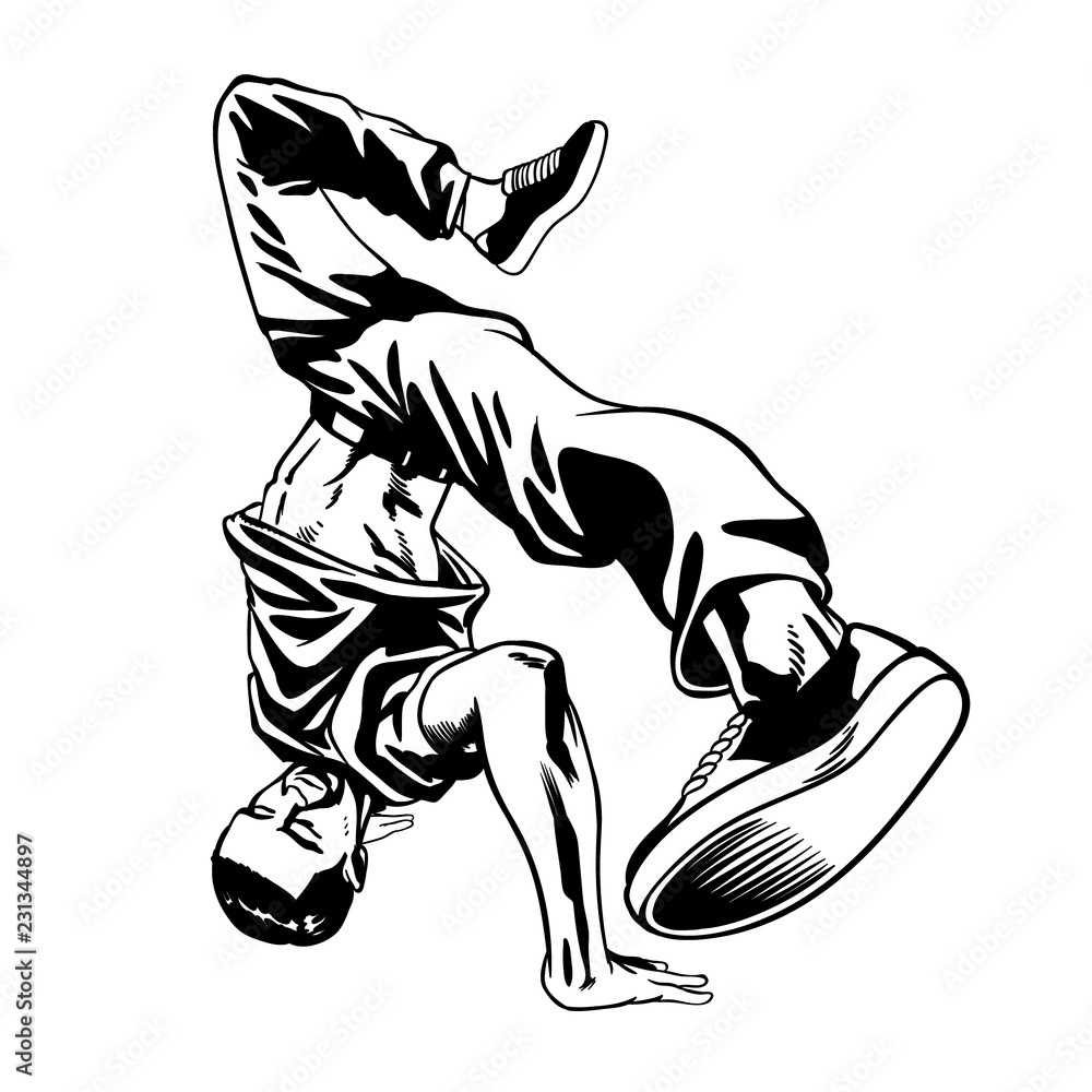 B-boy dancer character in dynamic pose. Hand drawn lineart vector ...