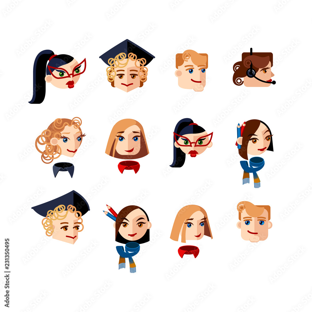 Set of character heads looking straight and to the side. Male and ...