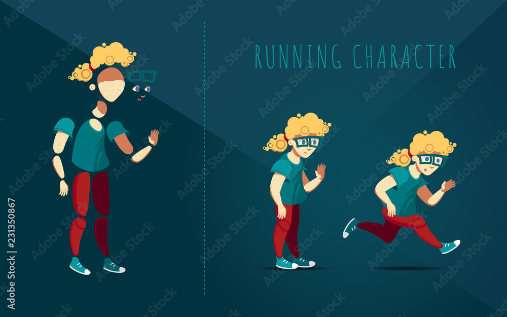 Boy in a green t-shirt, sneakers and glasses running. Male blond curly ...