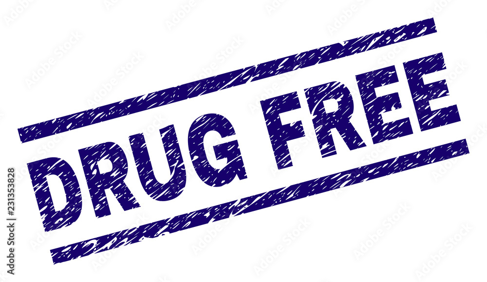 DRUG FREE seal print with scratced style. Blue vector rubber print of ...