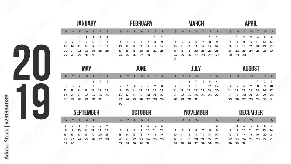 Vector of 2019 new year calendar in clean minimal table simple in grey ...