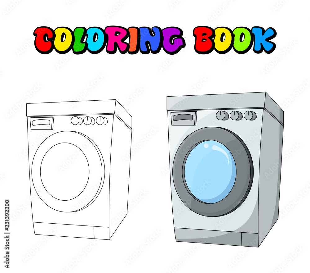 coloring book cartoon washing machine design isolated on white ...