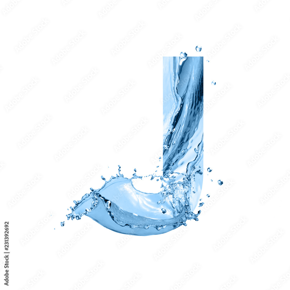 stylized font, text made of water splashes, capital letter j, isolated ...
