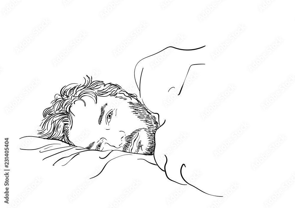 Vetor de Sketch of handsome bearded man laying in bed with sleepy open ...