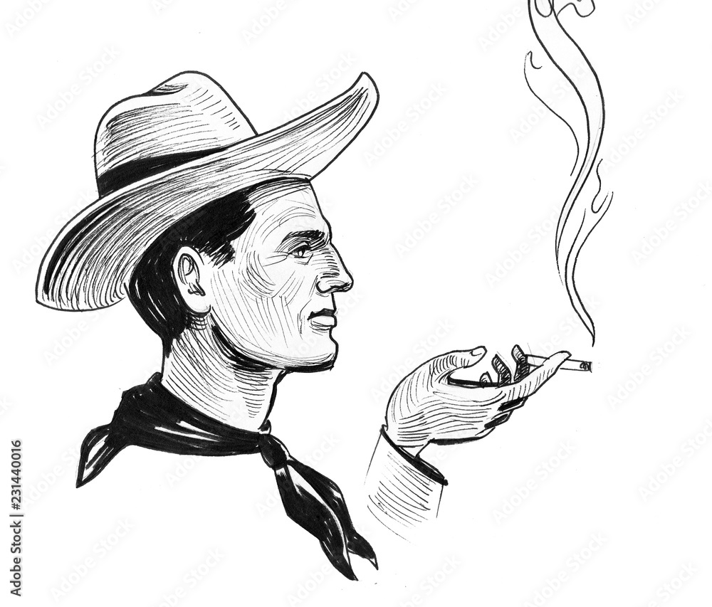 Cowboy character with a smoking cigarette. Ink black and white drawing ...