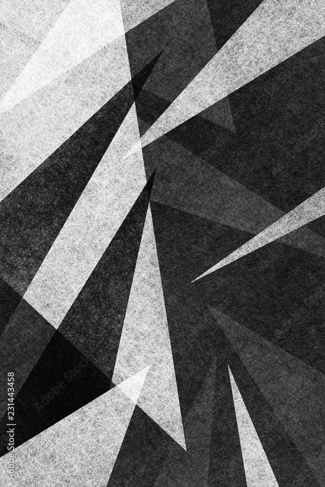 black and white abstract background with texture and layered triangle ...
