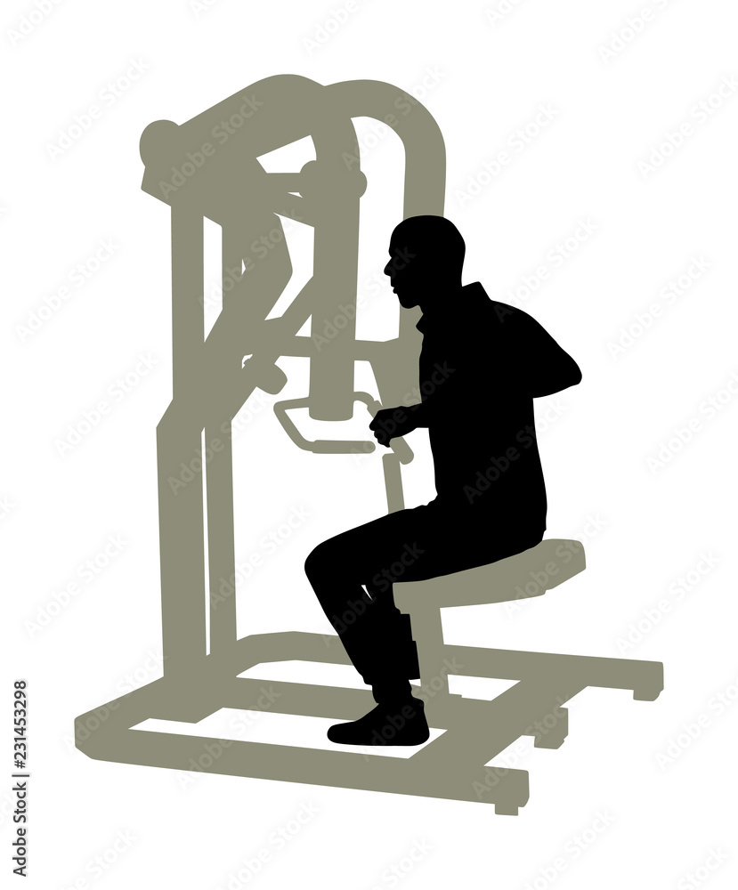 Sport man exercises in gym on fitness machine vector silhouette ...