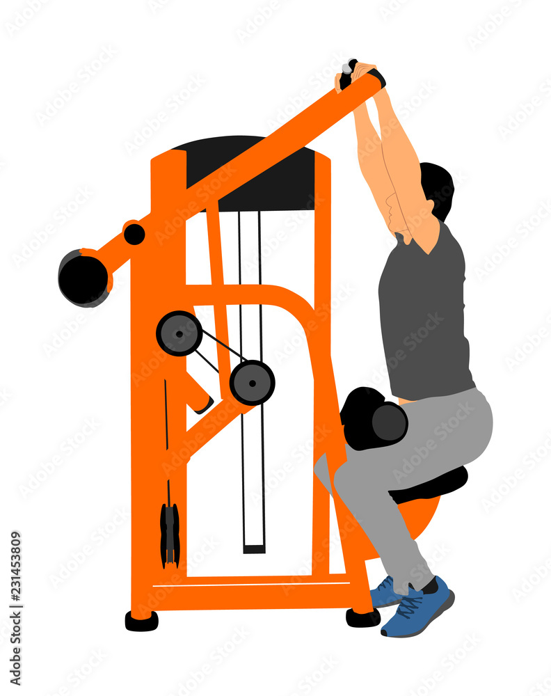 Sport man exercises in gym on fitness machine vector isolated on white ...