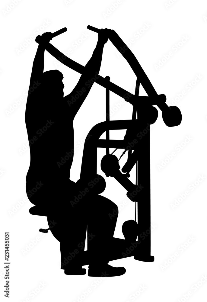 Sport man exercises in gym on fitness machine vector silhouette ...