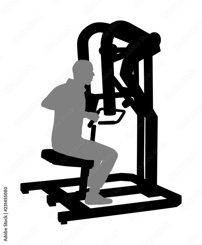 Sport man exercises in gym on fitness machine vector silhouette ...