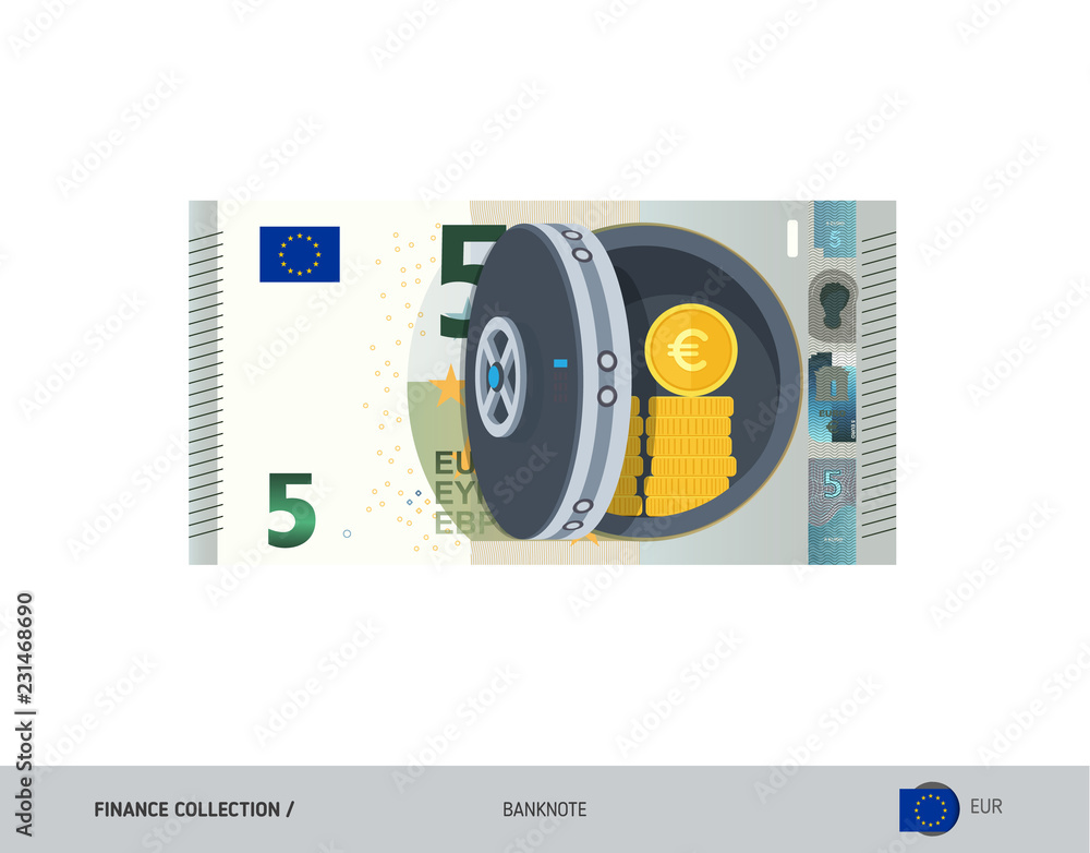 Bank safe with 5 Euro Banknote. Flat style vector illustration. Safe ...