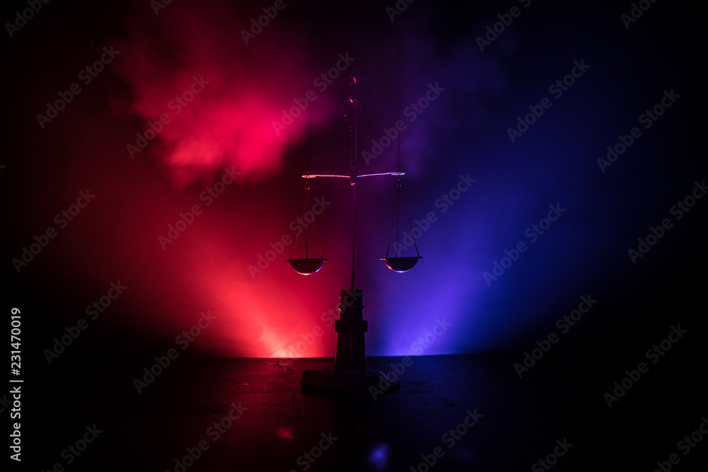 Justice scale with dark toned foggy background. Justice concept. Scale ...