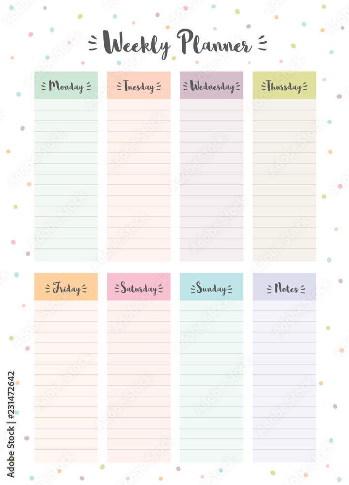 Simple Colorful Weekly Planner. Printable Vector Schedule. White ...