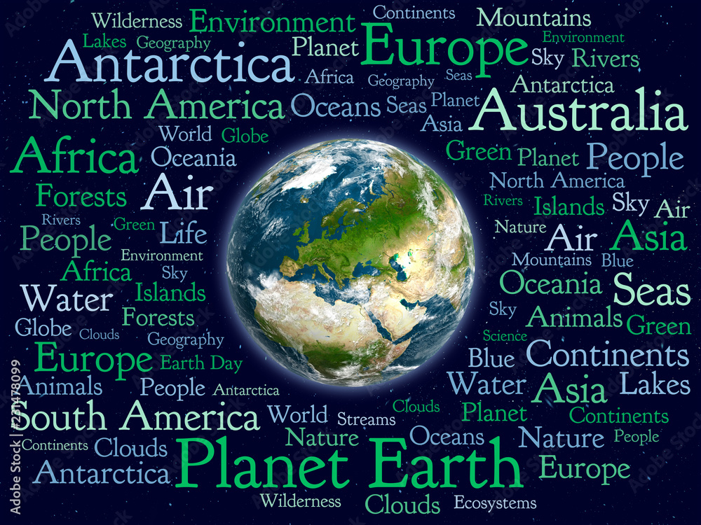 Planet Earth word cloud, on space background with stars. Elements of ...
