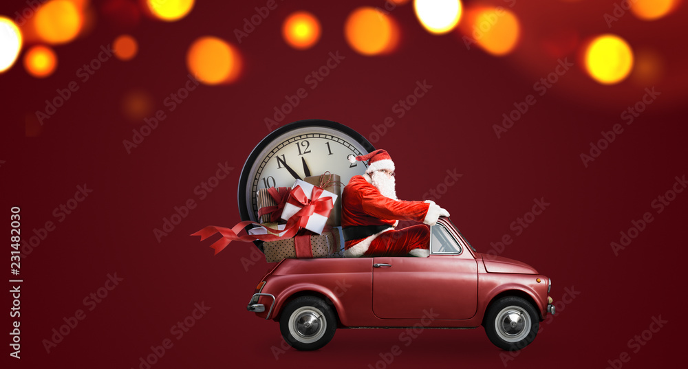 Christmas countdown arriving. Santa Claus on car delivering New Year ...