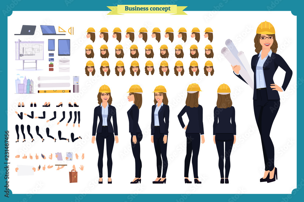 Vecteur Stock Woman architect in suit and protective helmet. Character ...