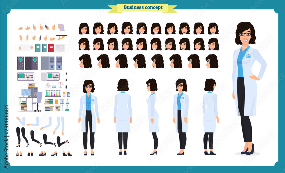 Scientist character creation set. Woman works in science laboratory at ...