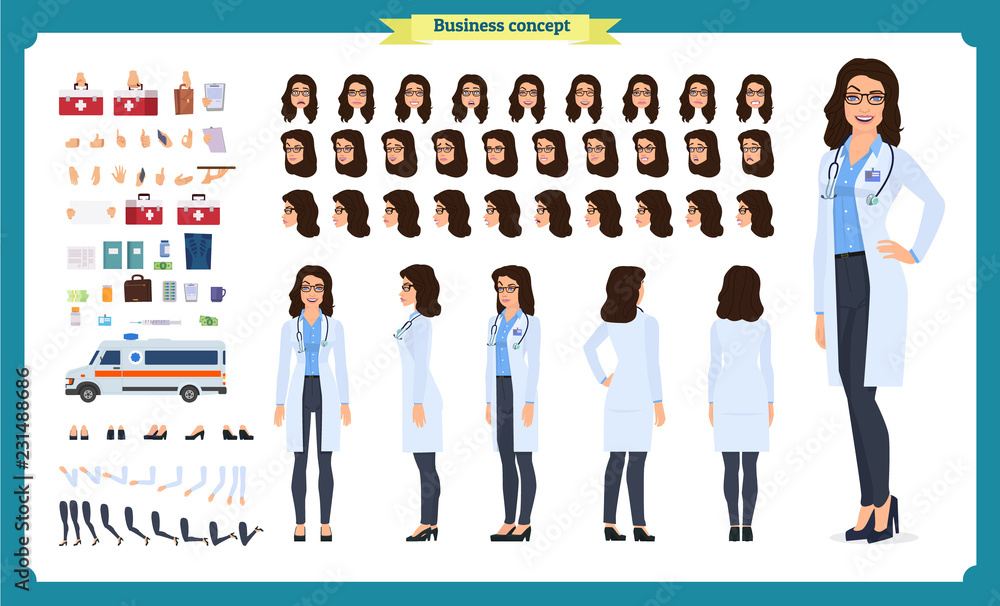 Female doctor character creation set.Front, side, back view animated ...