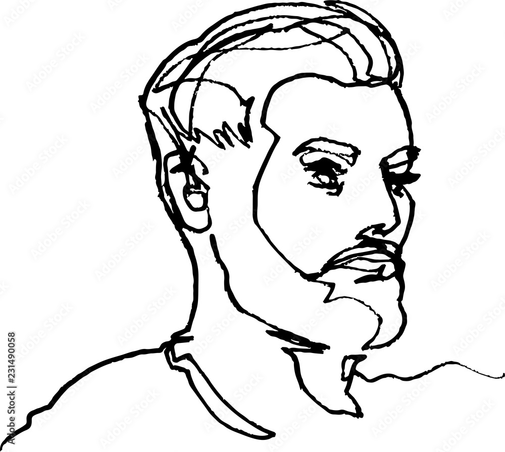 He, young man face, with modern beard and hairstyle, continuous line ...