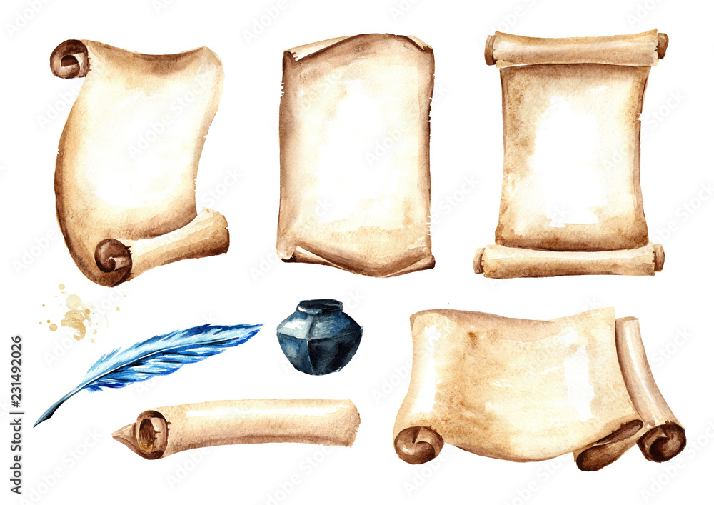 Old paper scroll or parchment with pen and inkwell set. Watercolor hand ...