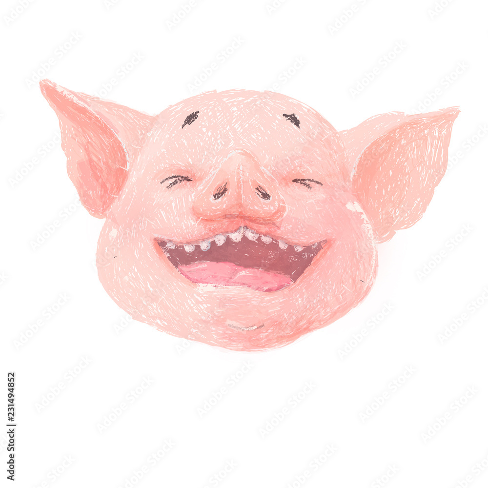 Adorable pig character laughs. Cute little piglet face isolated on white background. Pig emotion ...