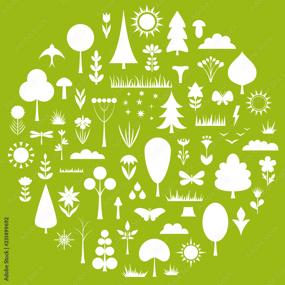 Vetor de Set of vector silhouettes of plants. Stencil of trees, flowers ...