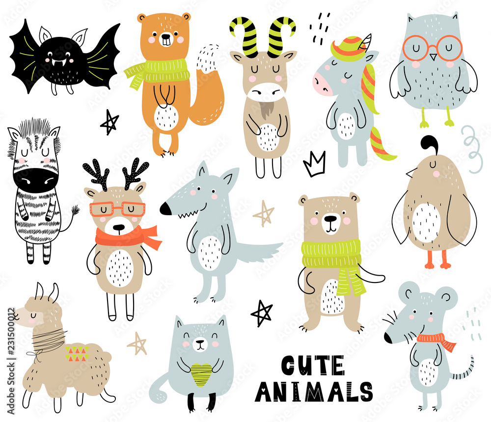 Vector poster with cartoon animals for kids. Hand drawn graphic zoo ...