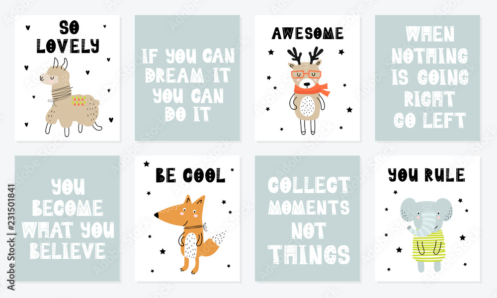Vector poster collection with cartoon cute animal and funny slogan in ...