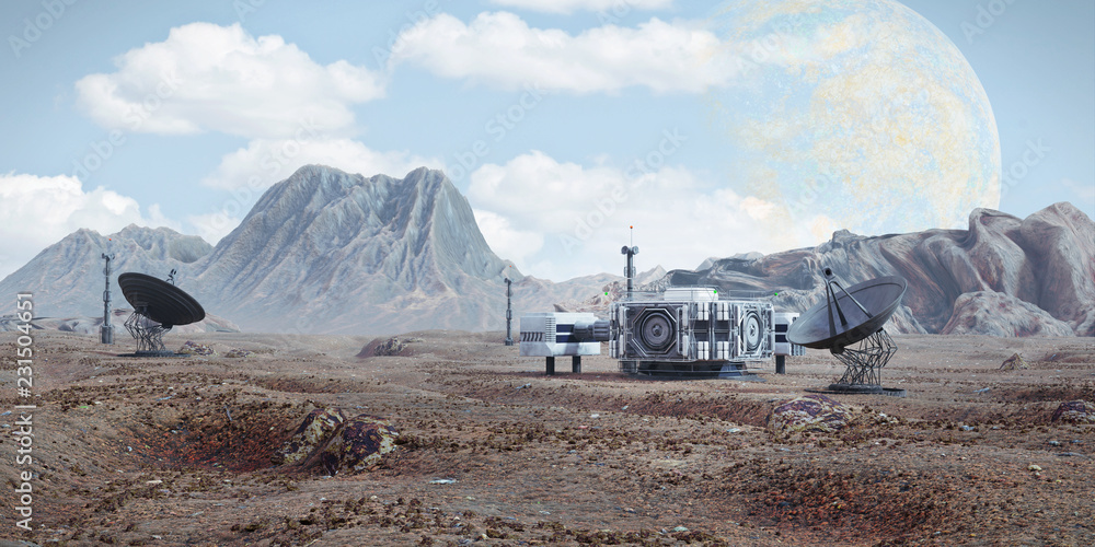 research station on the surface of an alien planet, exoplanet landscape ...