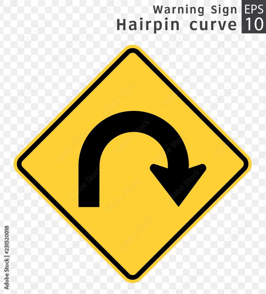 Road Sign. Warning.Hairpin curve. Vector Illustration on Transparent ...