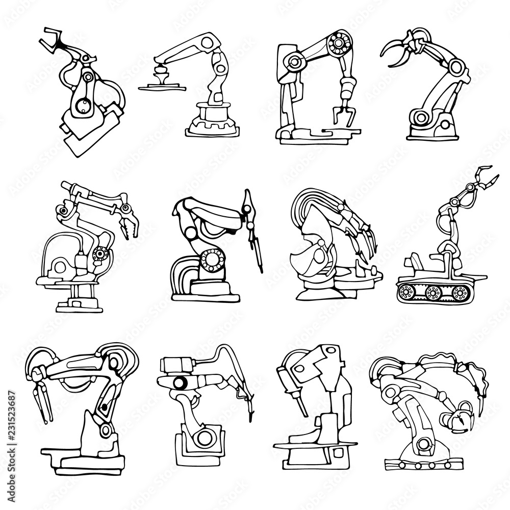 Black and white vector abstract robot arm icons set illustrating industrial automation and ...