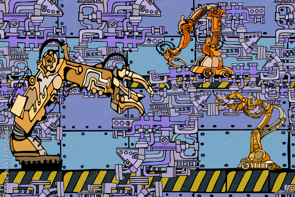 Vector seamless pattern featuring abstract robotic arms and industry or ...