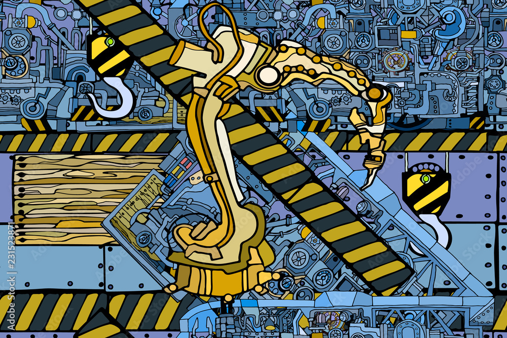 Vector seamless pattern featuring abstract robotic arms and industry or ...