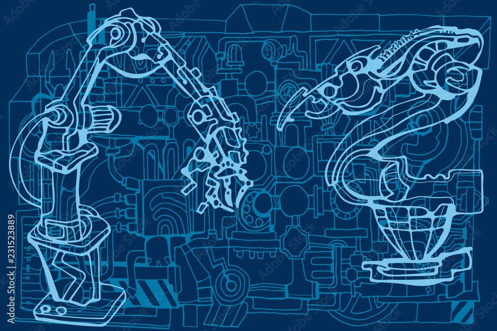 Vector decorative dark blue background with abstract robotic arms ...