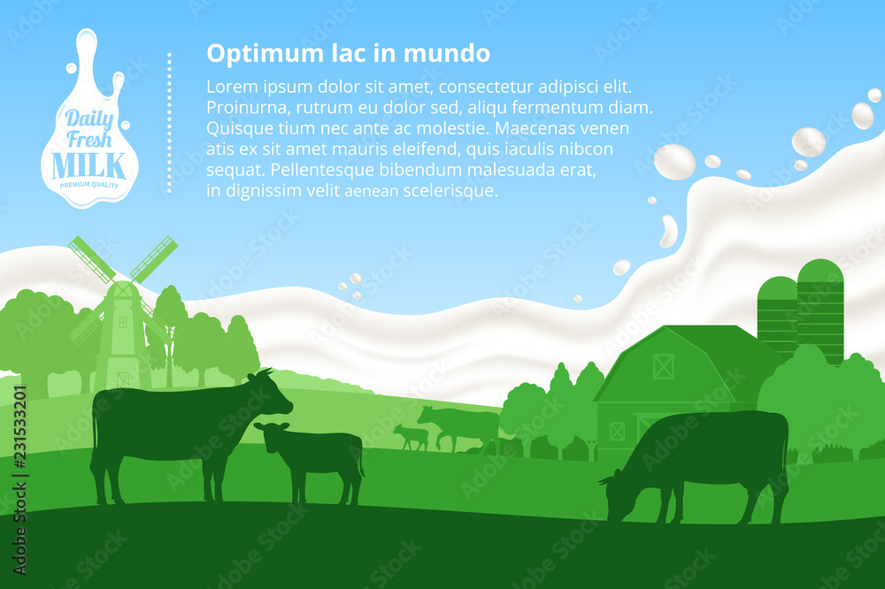 Vector milk illustration with cows, calves, farm and milk splash Stock ...