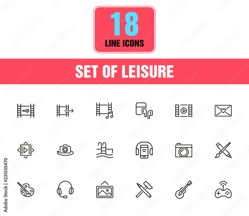 Vetor de Leisure icons. Set of line icons. Swimming pool, camera ...